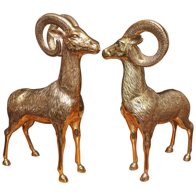 Pair of Midcentury Brass Figures of Rams at 1stDibs