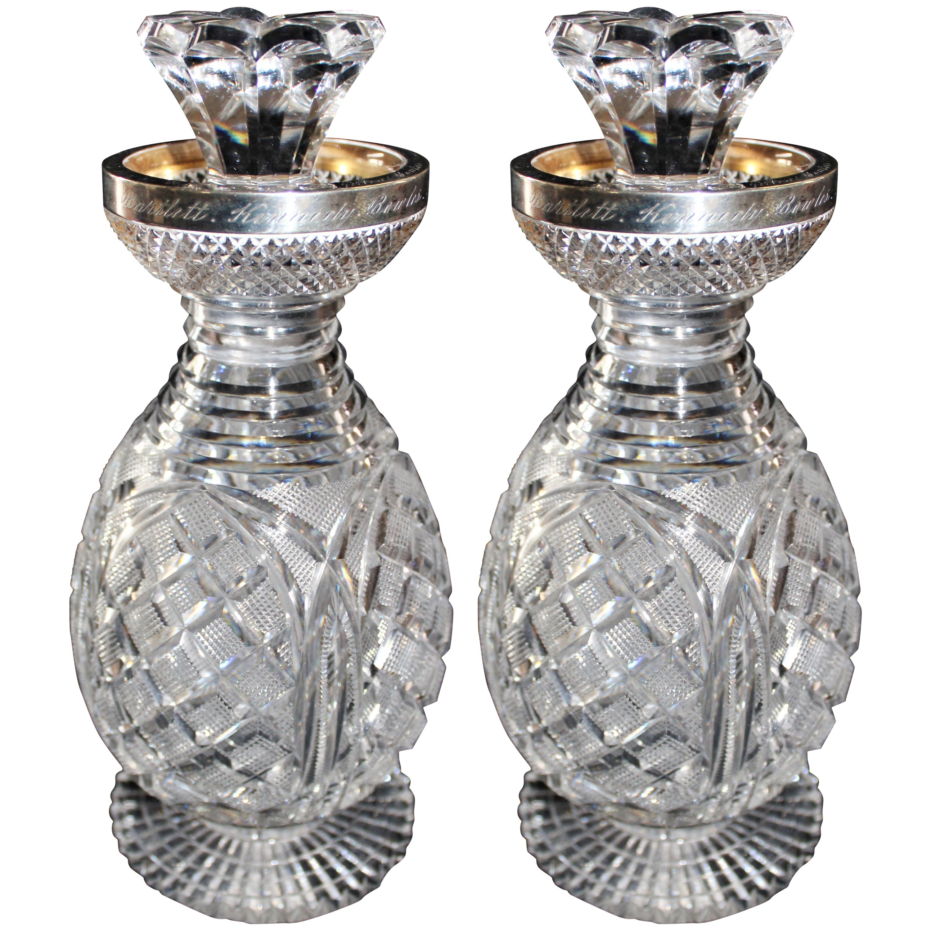 Set of Three Cut and Etched Glass Decanters with Sterling Silver Tops ...