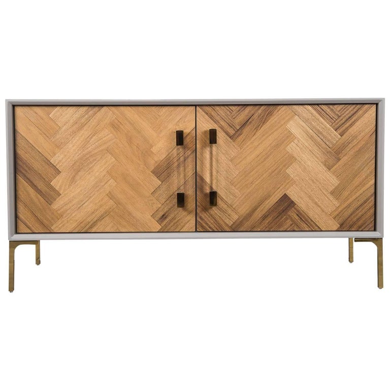 Art Deco Inspired Storage Credenza in Black Matte Lacquer w/ Brass ...