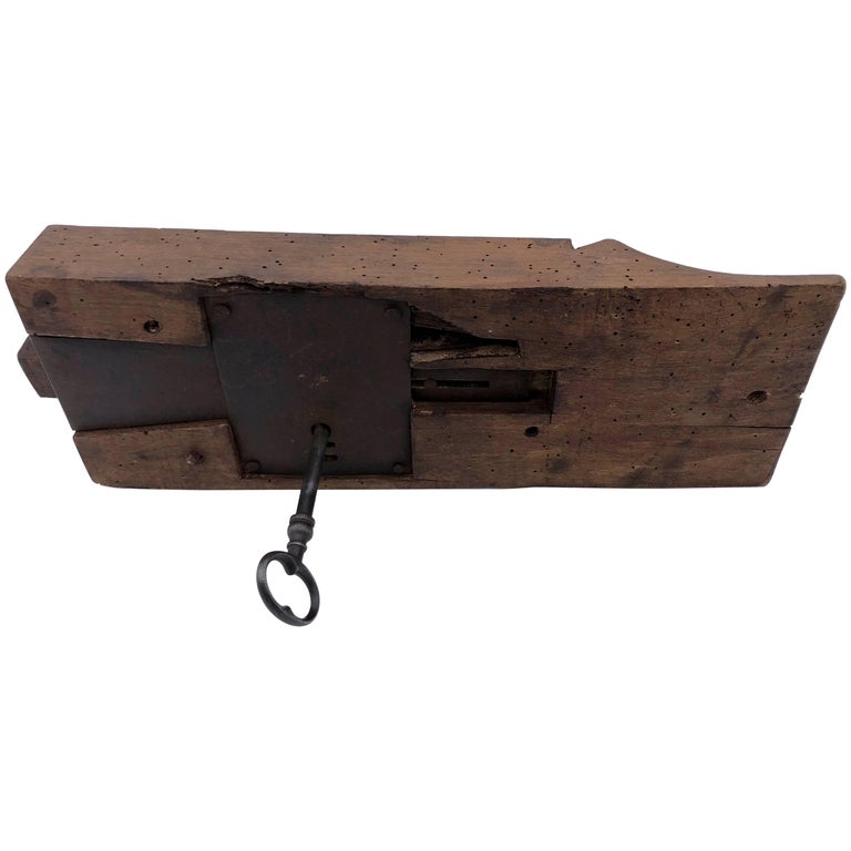 French Hand-Wrought Iron Mortise Mount Lock on Wood with Forged Key ...