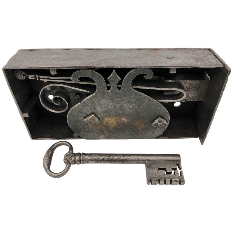 French Hand-Wrought Iron Box Shaped Lock with Forged Key, Louis XVI at ...