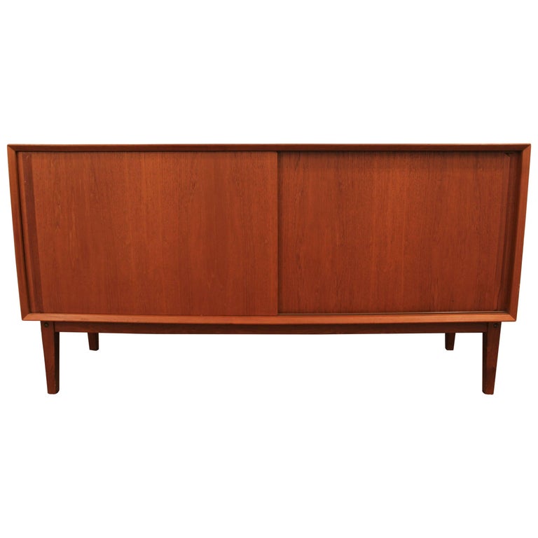 Danish Modern Teak Floating Base Sliding Door Credenza at 1stDibs