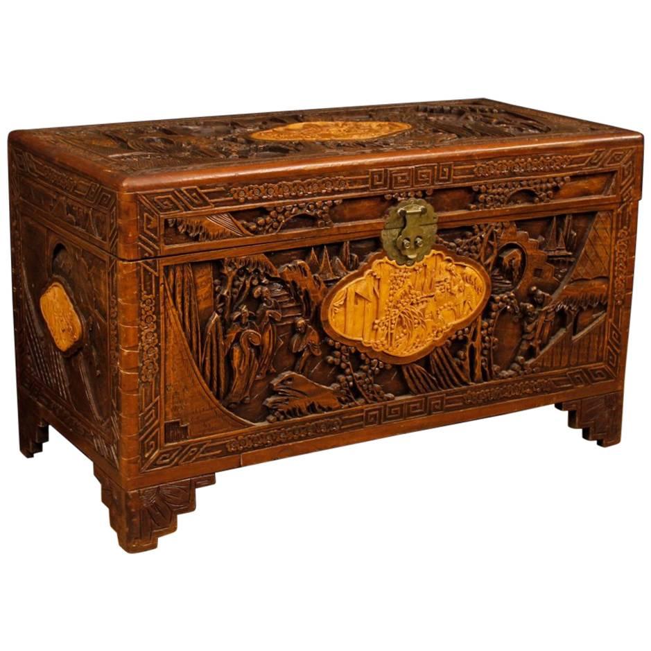Chinese Trunk in Carved and Chiselled Wood with Oriental Landscapes and ...