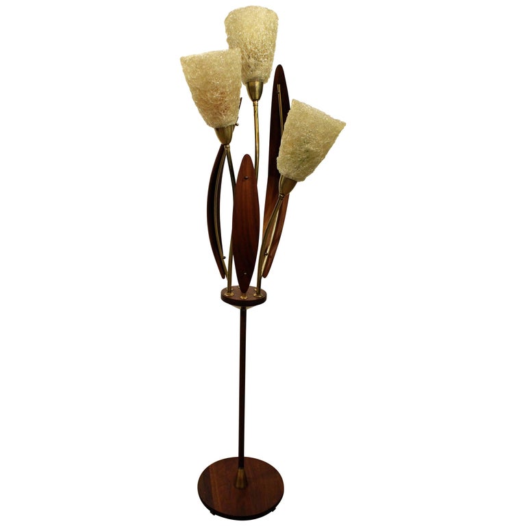 Mid-Century Modern Walnut Brass Spaghetti Three-Way Floor Lamp at 1stDibs