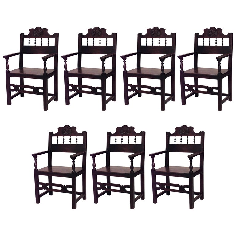 Set of 7 English Renaissance Spindle and Crest Walnut Armchairs For ...