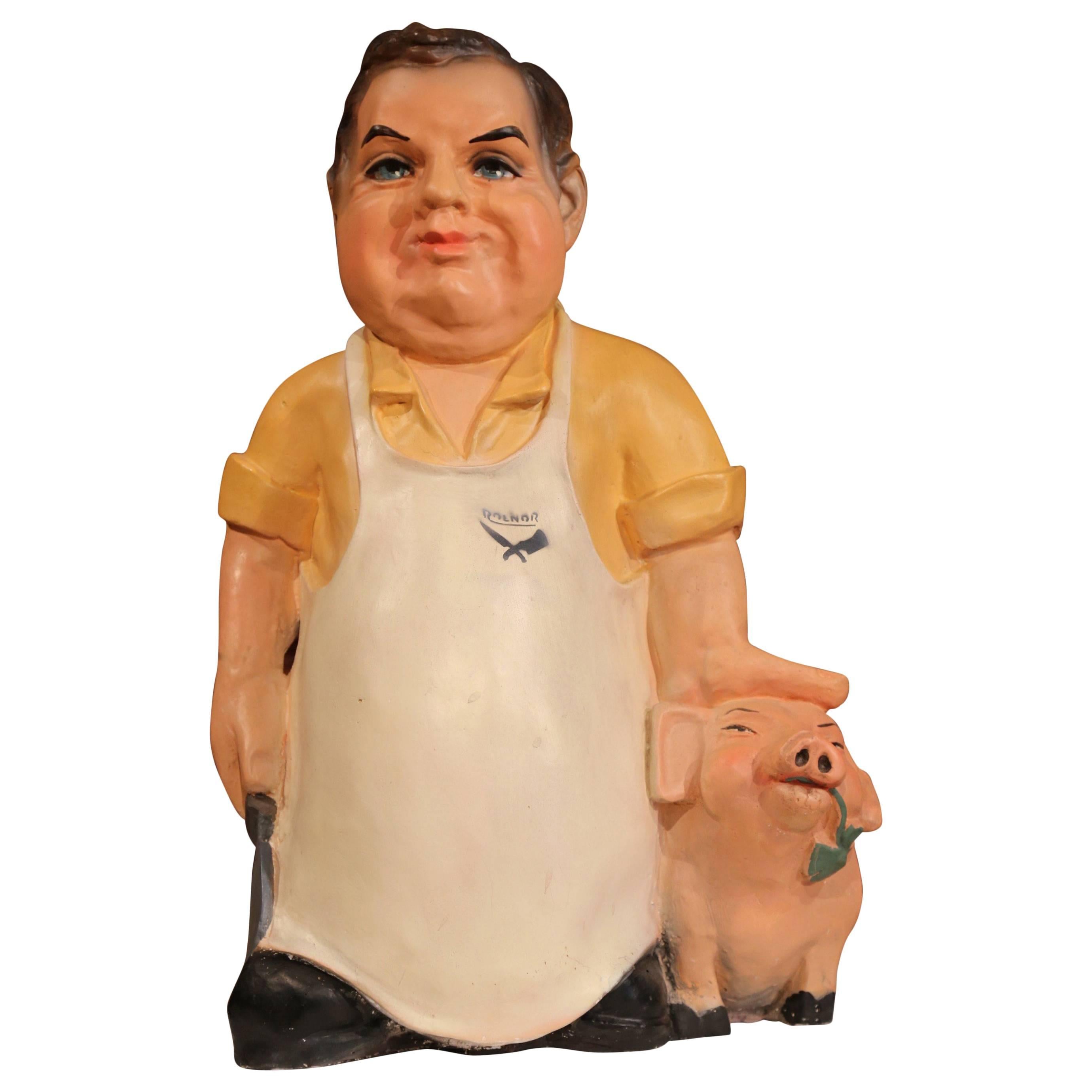 Large Vintage French Hand-Painted Terracotta Butcher and Pig Sculpture ...