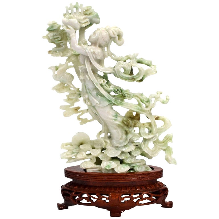 Exquisite Jade Fairy Statue, Finely Carved Jadeite Sculpture at 1stDibs