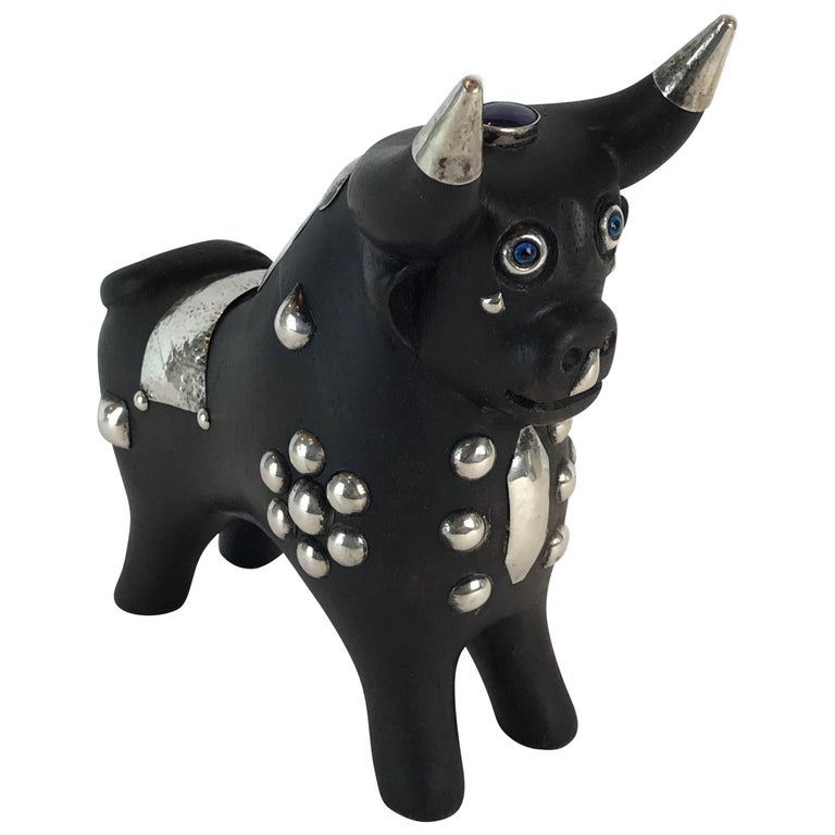 Midcentury Carved Wood and Silver Taurus Bull Sculpture For Sale at 1stDibs