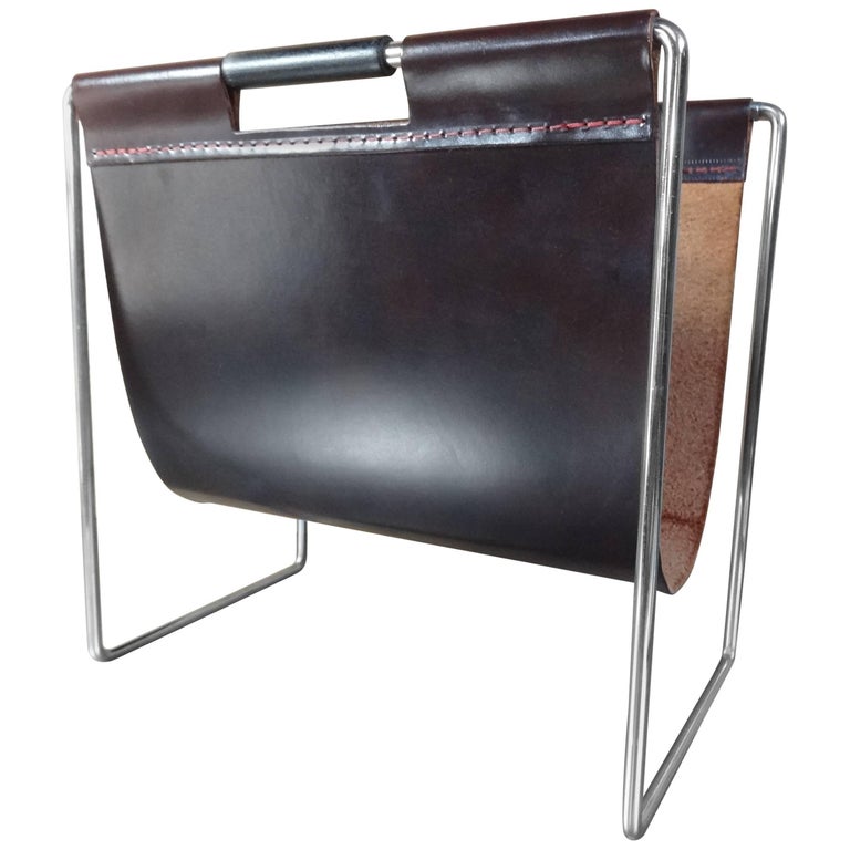 Chrome and Leather Magazine Rack Made by Brabantia Holland at 1stDibs