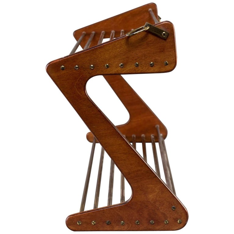 Danish Mid-Century Modern Teak and Brass Rod Wall Hanging Shoe Rack at ...