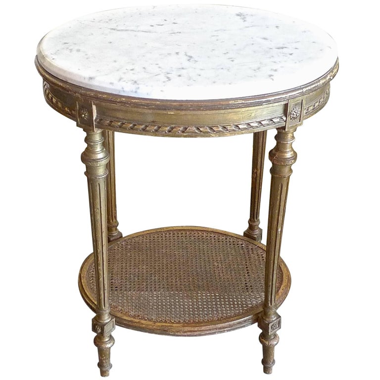 French XIX Louis XVI Marble-Top Gold-Leaf Oval Side Table With Cane ...