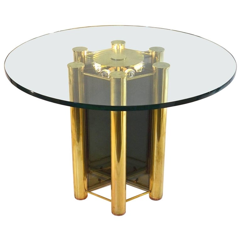 Round Dining Table in Brass with Lighting, 1960s at 1stDibs