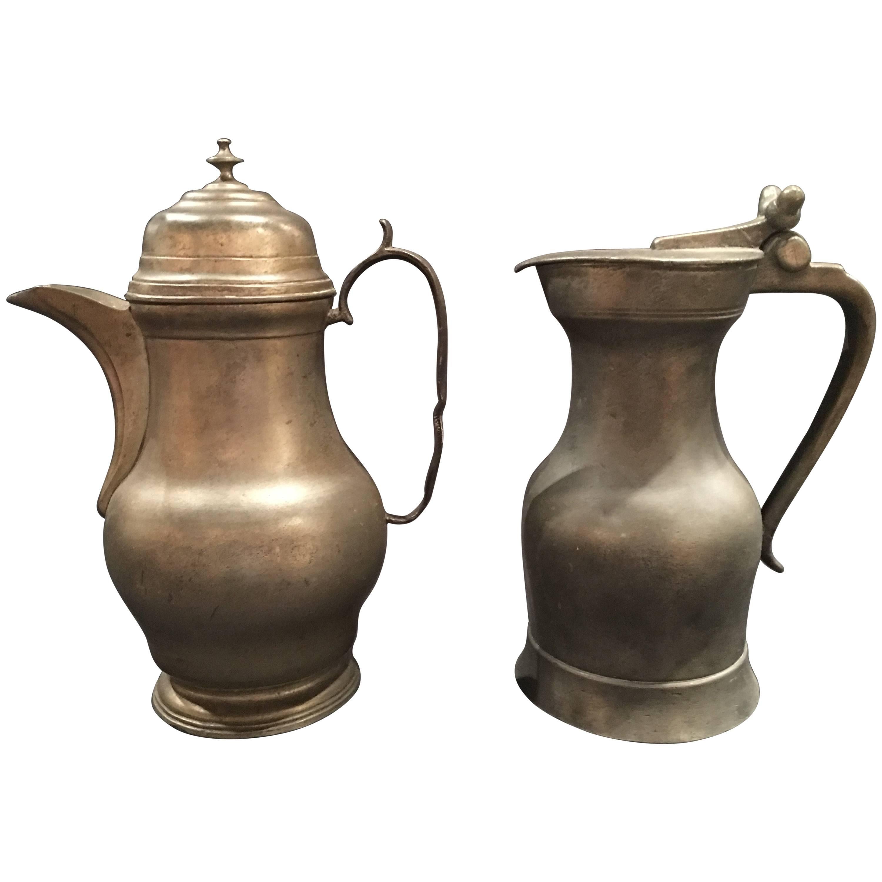 English Pair of Lidded Pewter Jugs or Tankards with Handles, 19th ...
