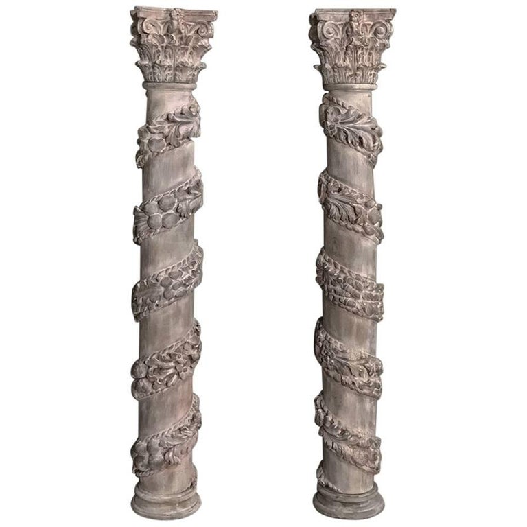 Pair of 19th Century Hand-Carved Whitewashed Wood Columns at 1stDibs