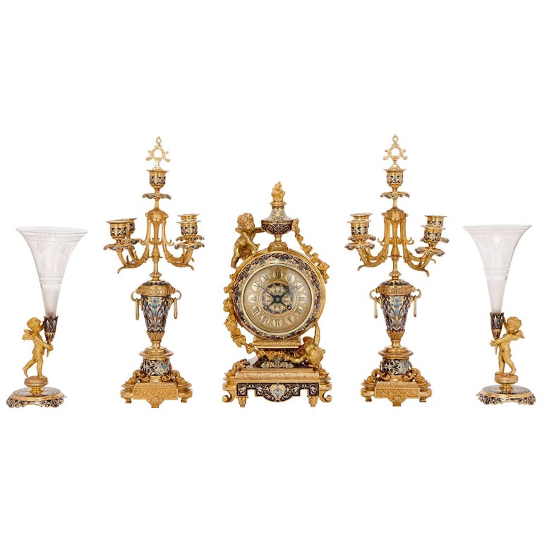 Rococo Style Gilt Bronze and Cloisonné Enamel Clock Set at 1stDibs