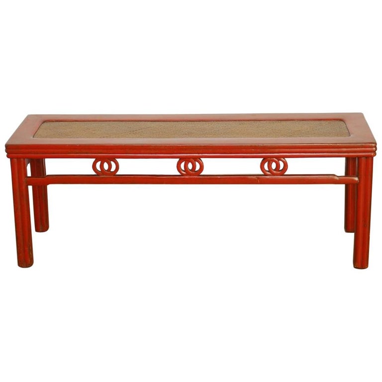 Chinese Red Lacquer and Raffia Carved Bench Seat at 1stDibs
