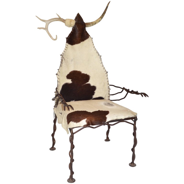 Western Arm or Lounge Chair in Wrought Iron Horn Antler and Cow Hide ...