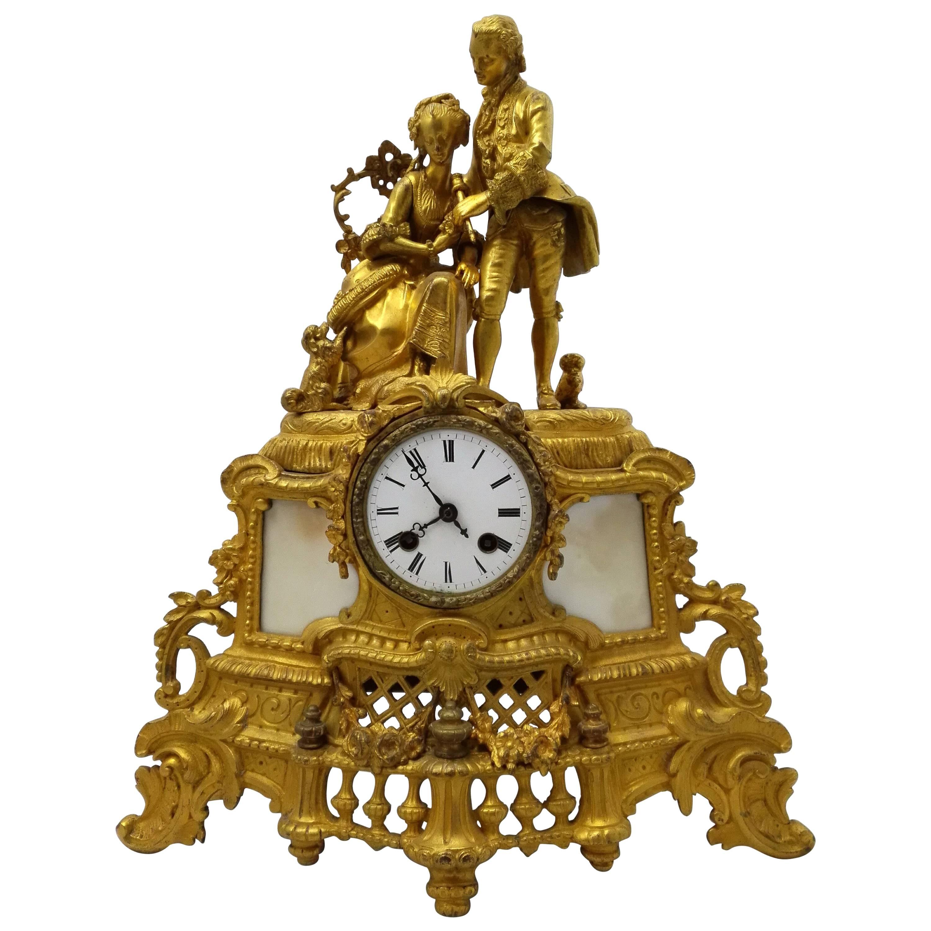 19th Century Empire Fire Gilded Mantel Clock Marble Inlays Figurines ...