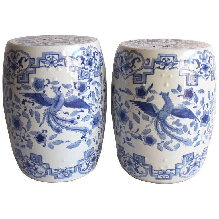 Pair of Chinese Blue and White Garden Stools at 1stDibs