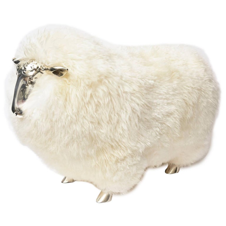 French Vintage Shearling and Nickel Silver Sheep Bench/Ottoman at 1stDibs
