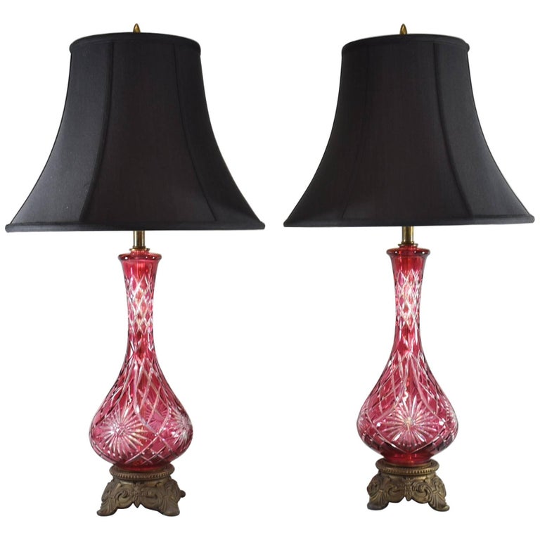 Pair of Cranberry Glass Cut to Clear Single Socket Table Lamps at ...