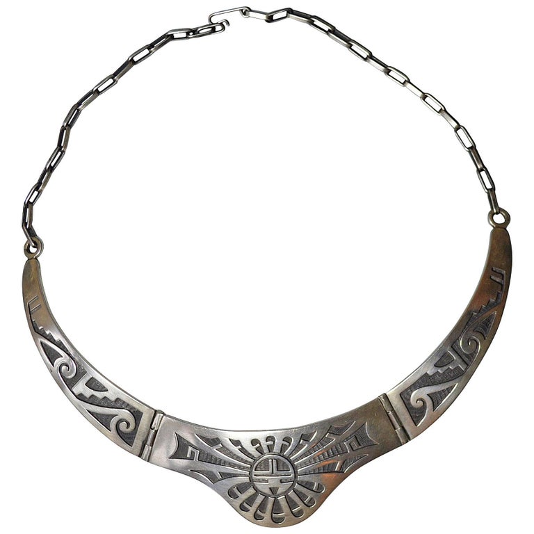 Native American Indian Fine Vintage Hopi Silver Overlay Necklace at 1stDibs