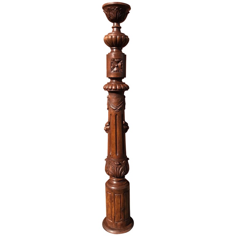 Impressive Wooden Stair Newel Post Or Display Pedestal With Carved Lion Heads For Sale At