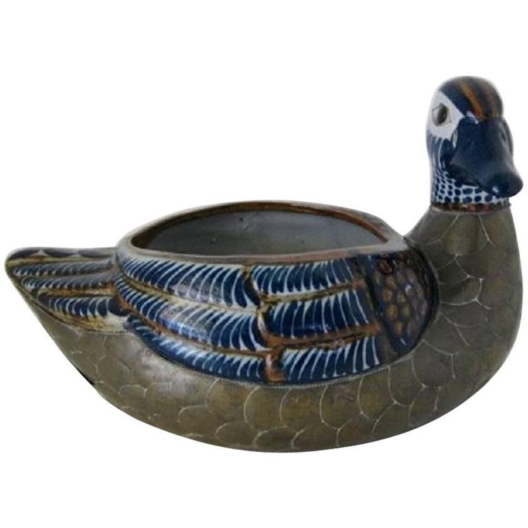 Life-Sized Palomar Pottery and Brass Mallard Duck Planter at 1stDibs