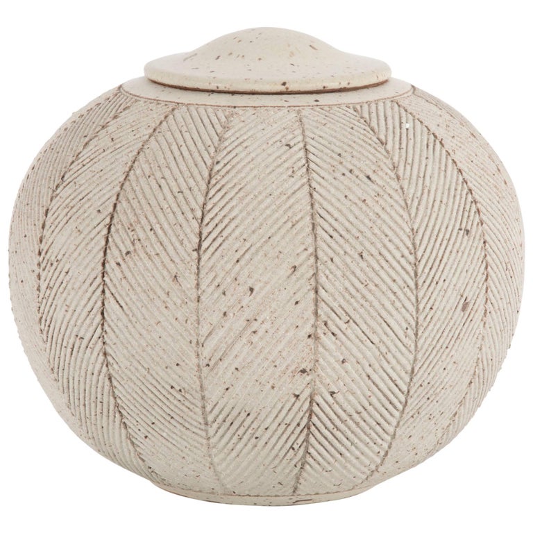 Large Covered Spherical Stoneware Jar by Richard Tuck at 1stDibs