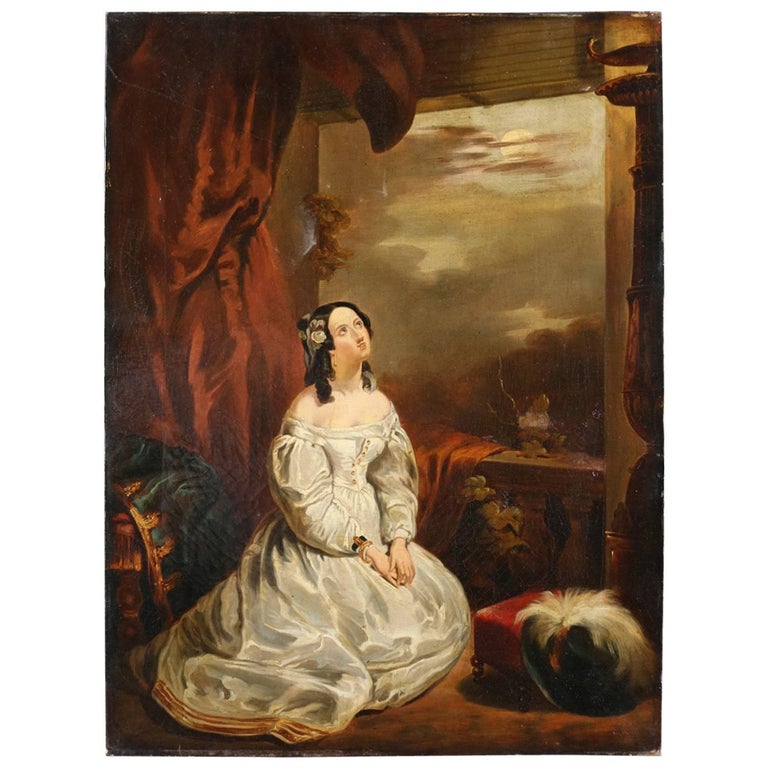 Antique English Romantic Oil on Canvas Portrait Painting of Maiden ...