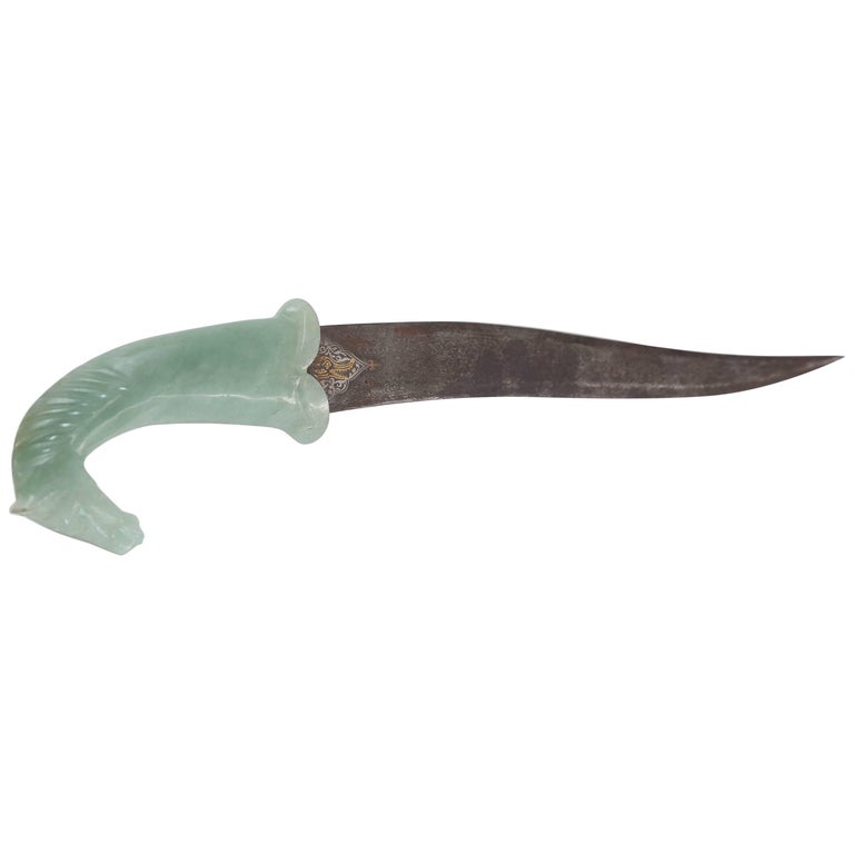 1930s Water Quenched Double Edged Damascened Dagger with Indian Jade ...