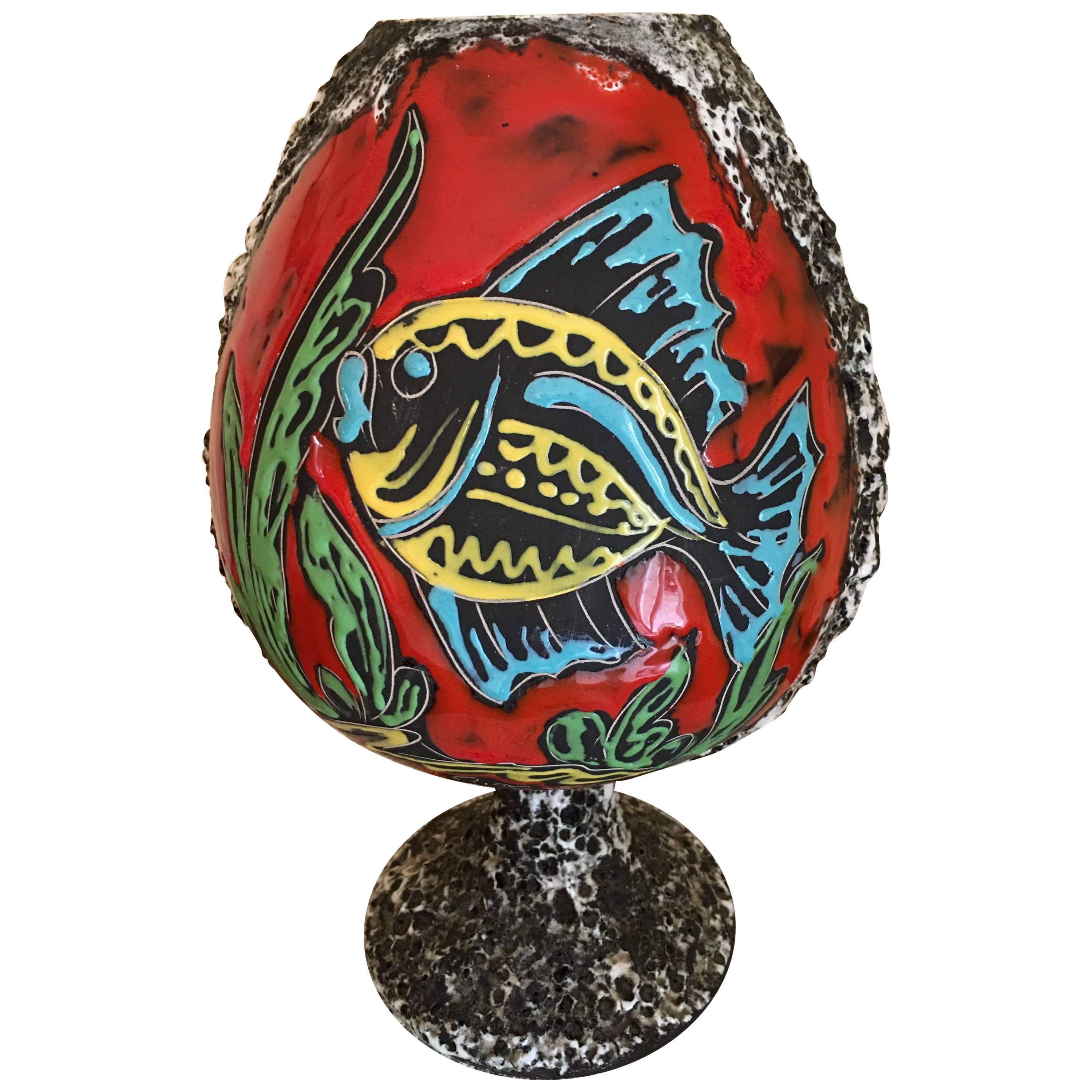 French Foam Glaze Ceramic Vase, Hand-Painted Fish Decor 1960s Monaco ...