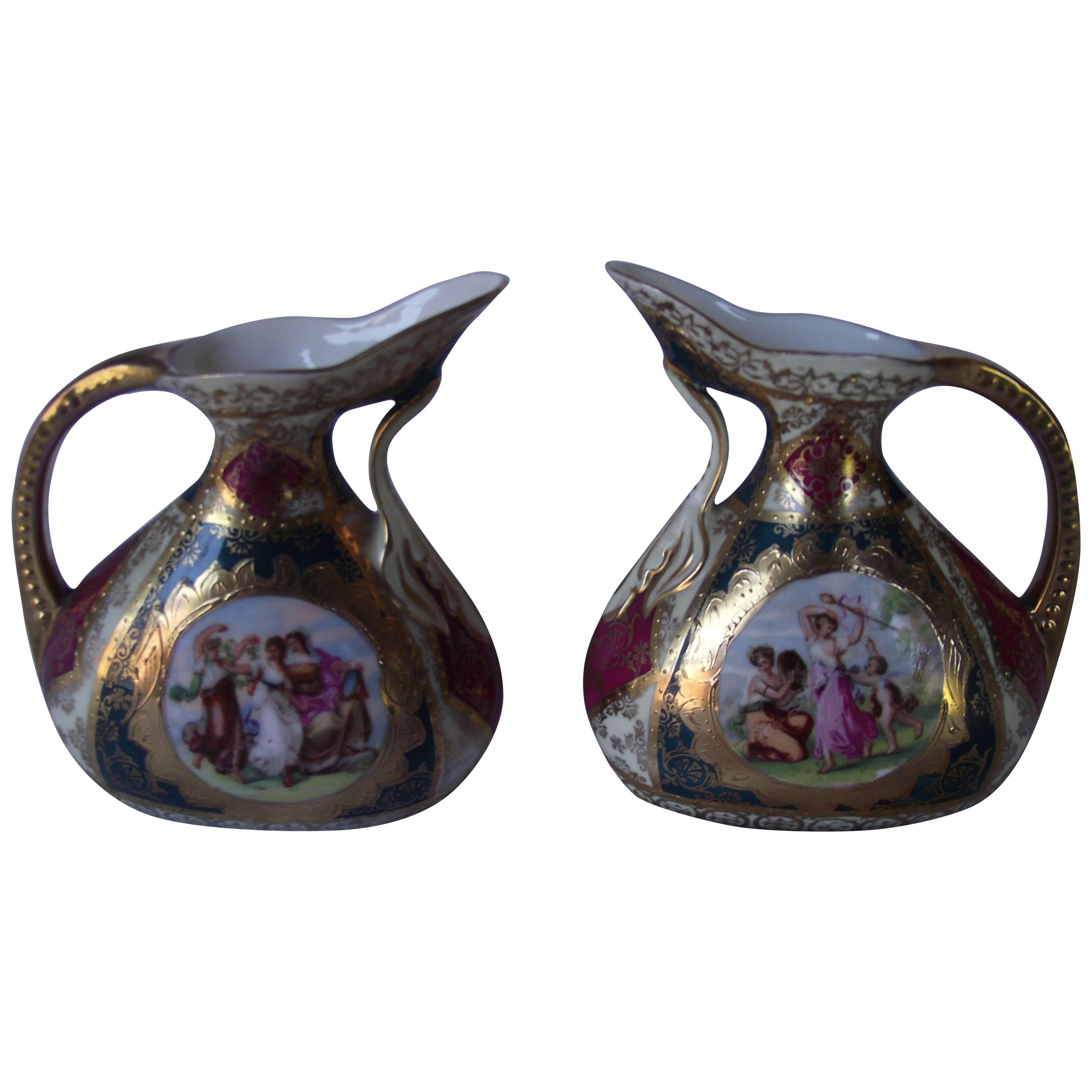 Pair of Royal Vienna Pitchers, Vases, Beehive Marked For Sale at 1stDibs