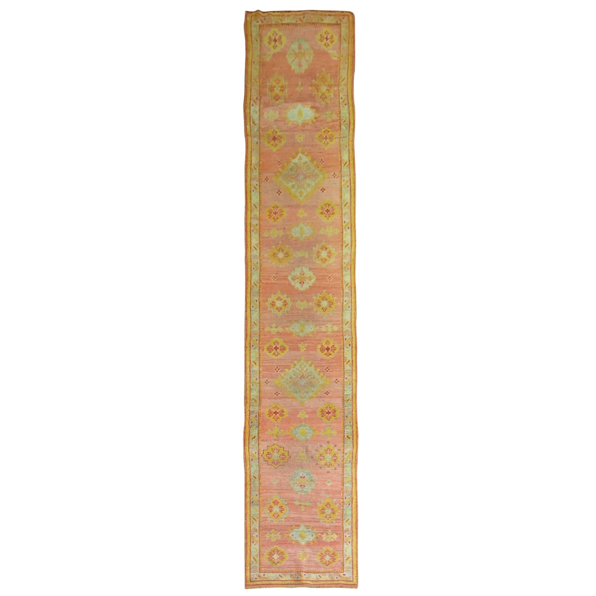 Pink Antique Turkish Oushak Runner For Sale at 1stDibs
