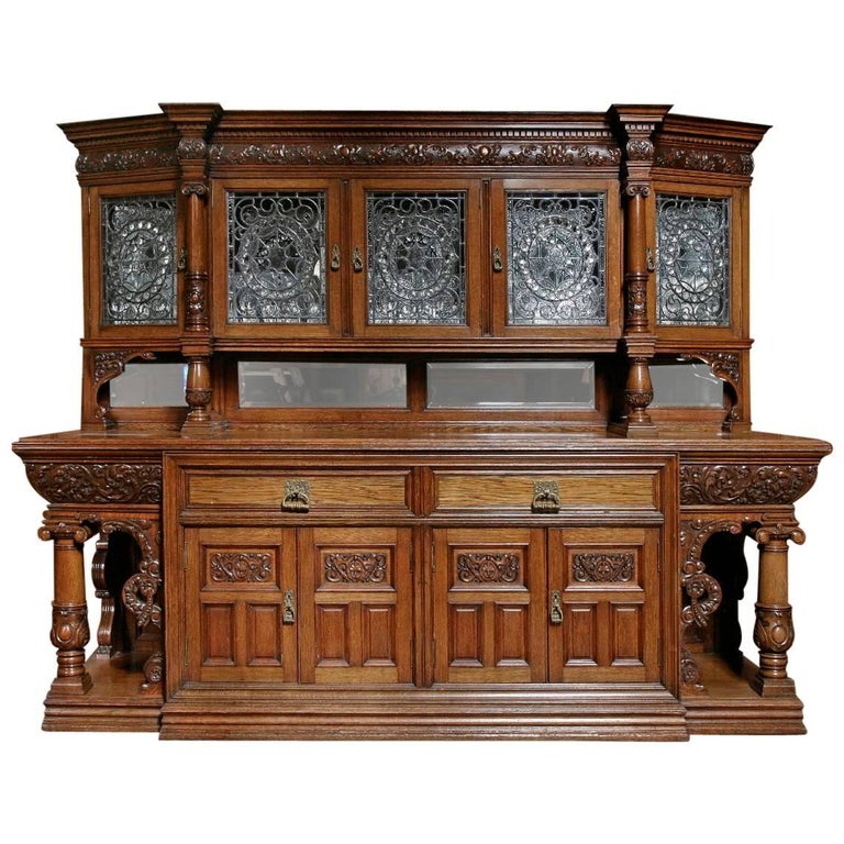 Antique Sideboard Buffet Gothic Oak 19th Century Victorian Heavily ...