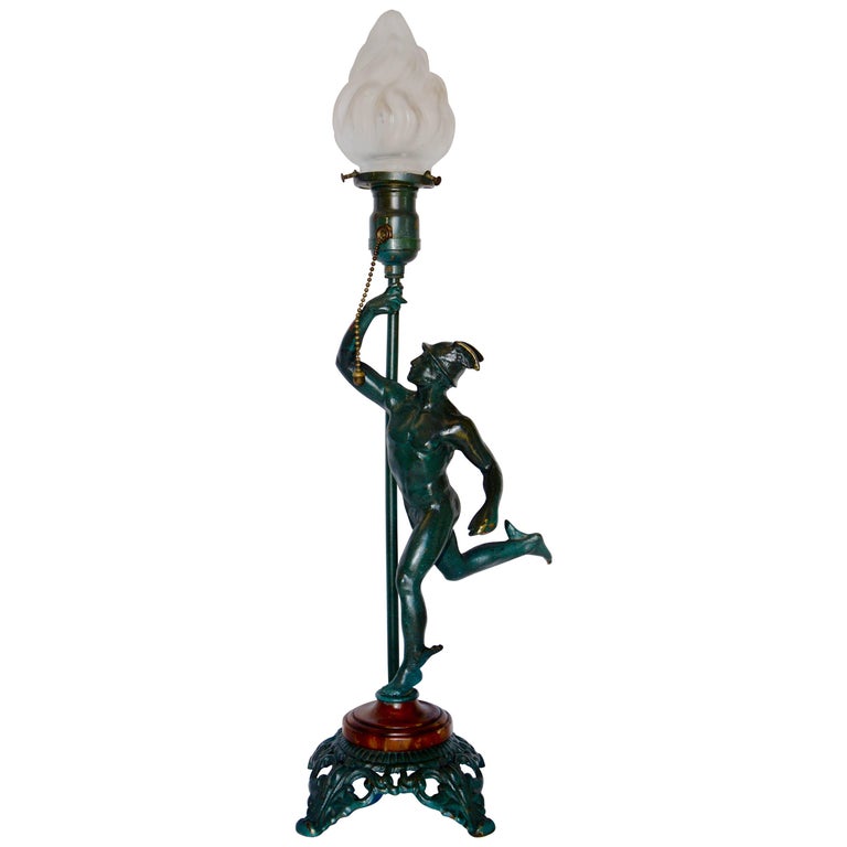 Art Deco Running Mercury Man Lamp with Flame Shade For Sale at 1stdibs
