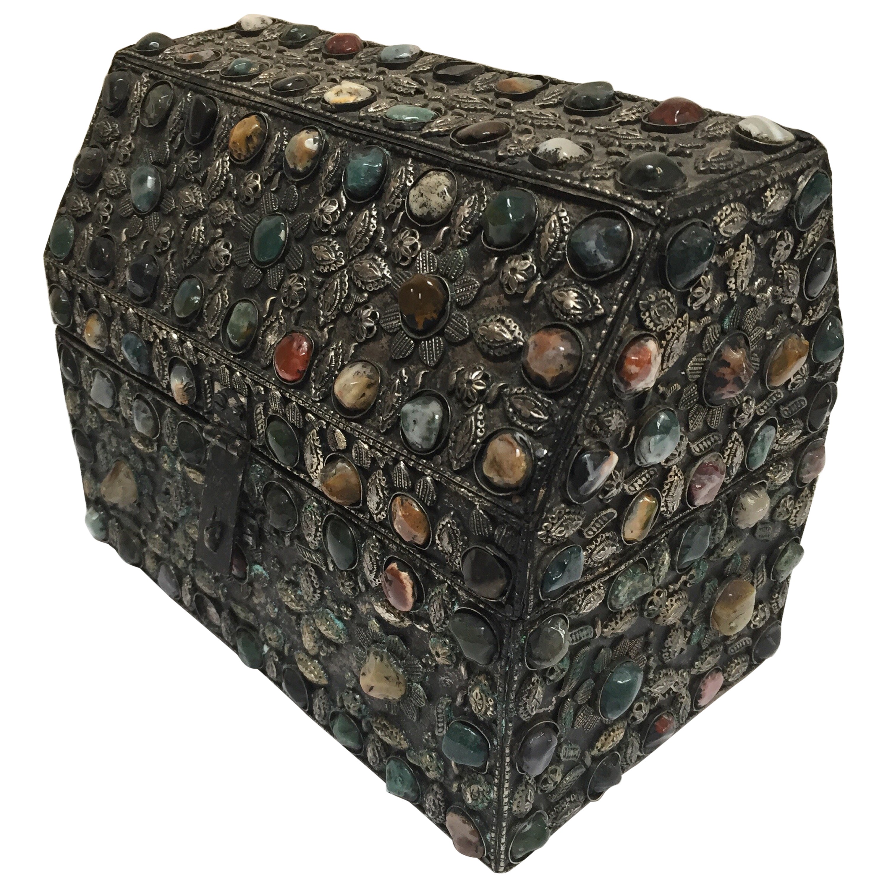 Round Silver Afghani Box with Semi-Precious Stones For Sale at 1stDibs