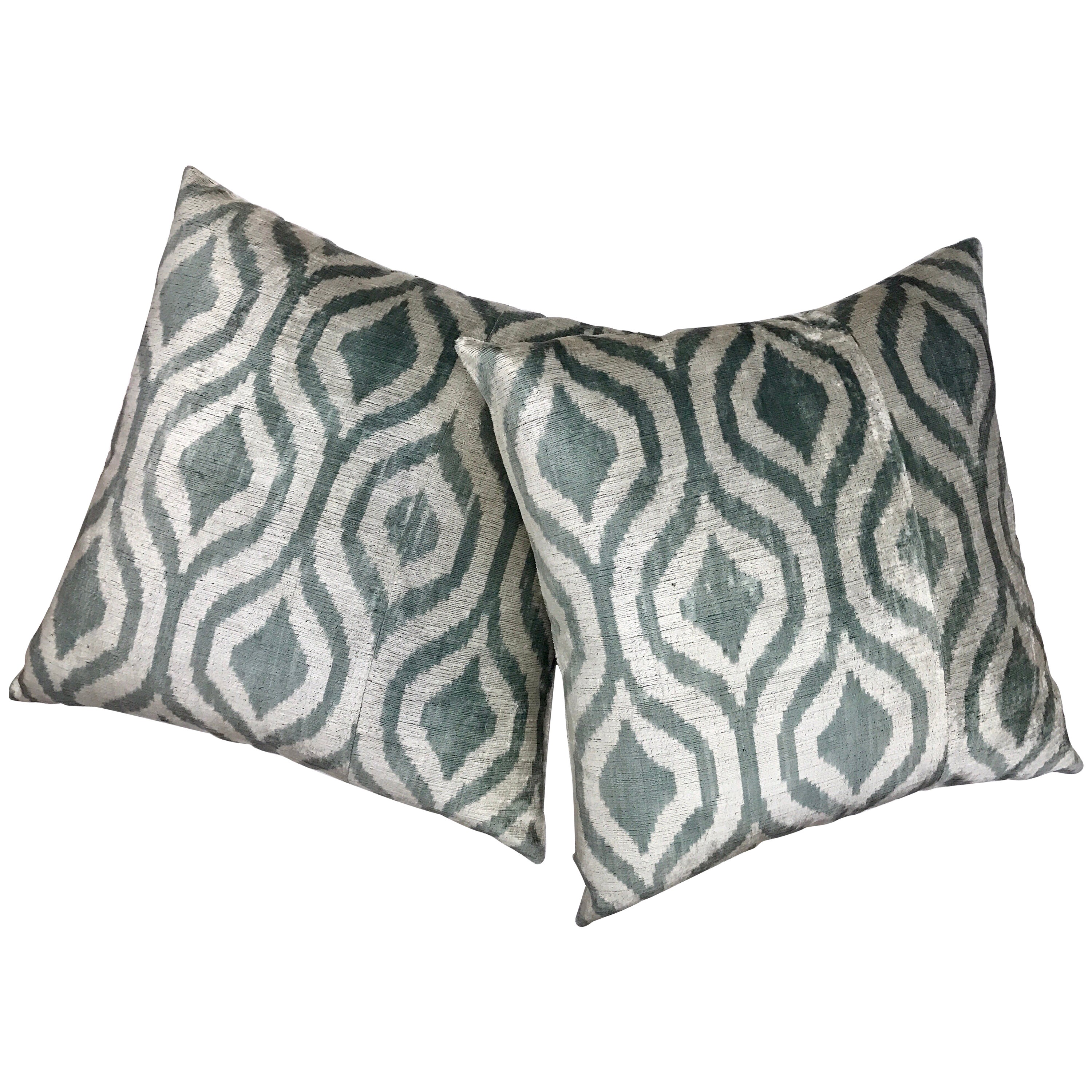 Pair of Large Black and Blue Silk Ikat Pillows For Sale at 1stDibs