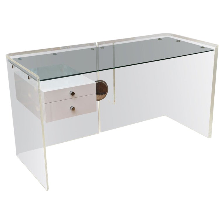 Custom Floating Lucite, Steel and White Lacquered Two Drawer Desk ...