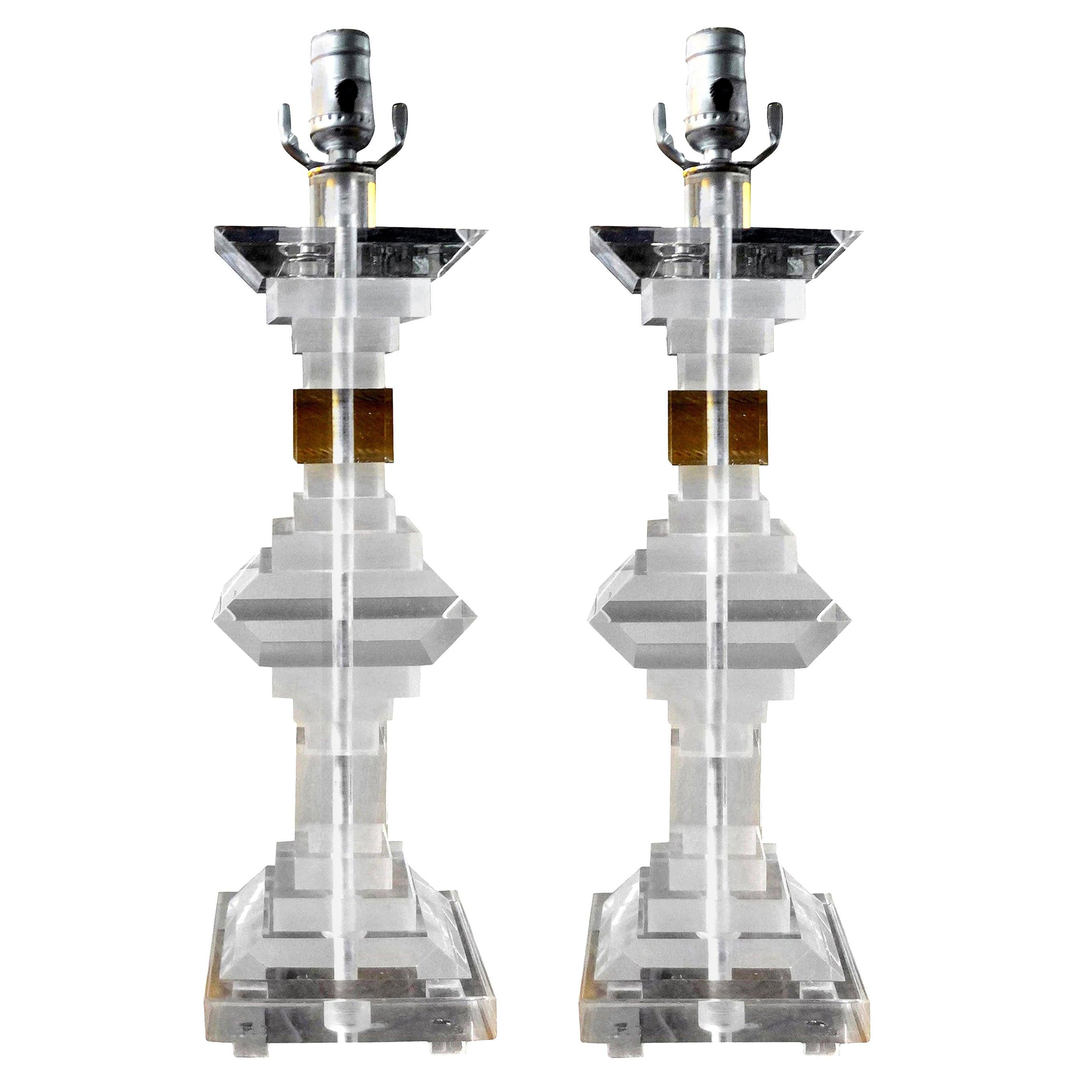 Pair of Mid-Century Modern Stacked Lucite Table Lamps at 1stDibs
