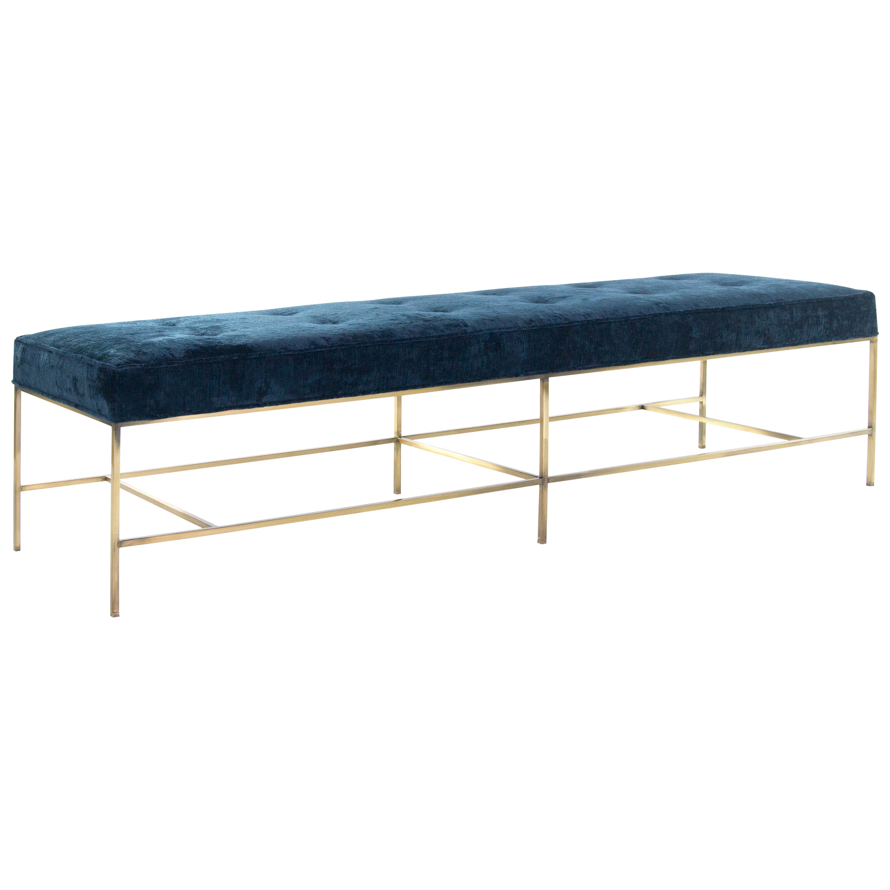 Lucite Brass Rodded Bench in Tufted Rust Orange Velvet at 1stDibs