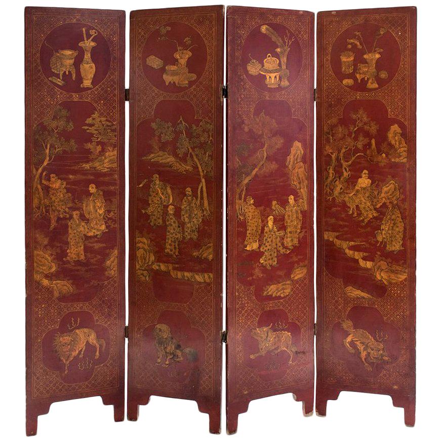 Red Japanese Lacquer Four-Panels Folding Screen, Meiji Period, 1868 ...