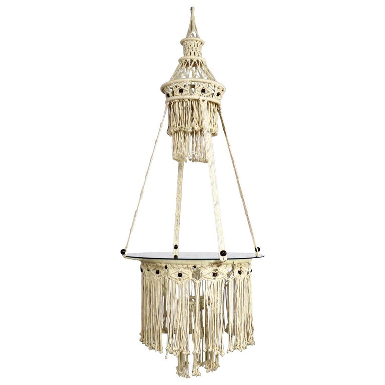 Vintage Pair of Bohemian White Macramé Hanging Tables with Round Glass ...