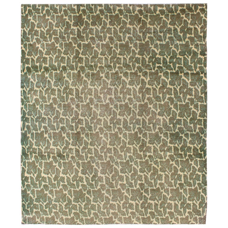 Green Colored Leaf Pattern Vintage Rug with a Modern Design in Squared ...