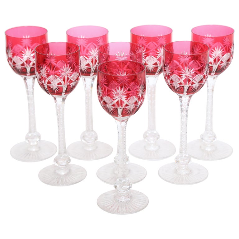 Val St. Lambert Bird Pattern Champagne Glasses in Cranberry at 1stdibs