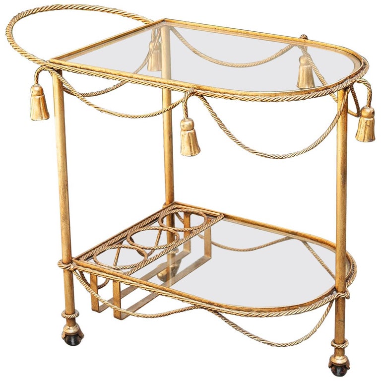 Hollywood Regency Gilt Metal Rope Tassel Bar Cart, Italy, 1960s at 1stDibs