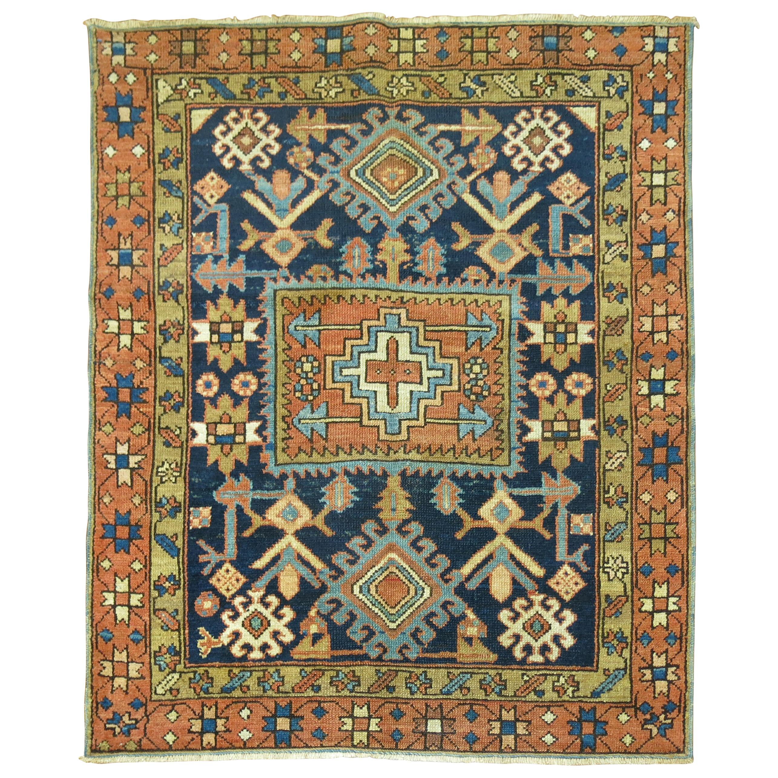 Traditional Antique Persian Square Navy Blue Heriz Rug For Sale at 1stDibs