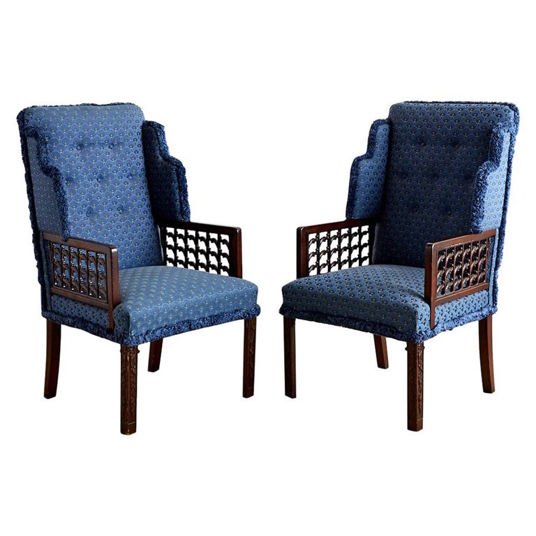 Pair of Tall, Narrow Mid Century Camel Highback Wingback Chairs at 1stdibs