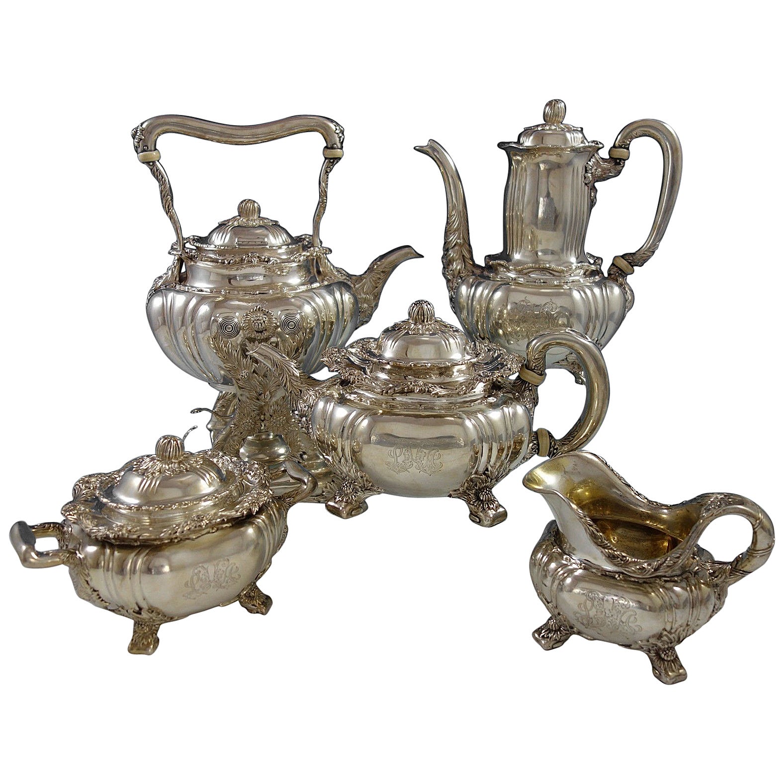 Martin Hall and Co. Sterling Silver Tea Set 4-Piece Hand Engraved ...