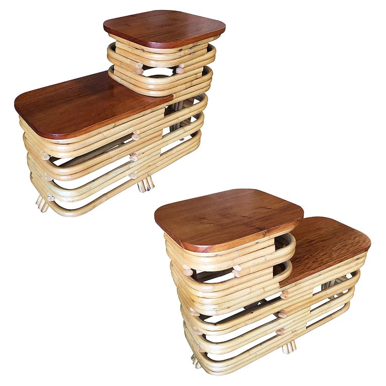 Pair Art Deco Stacked Rattan Side Table with Legs For Sale at 1stDibs